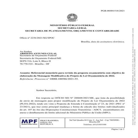 Oficio 2236 2021 mpf pgr sobre a pec 23 pec dos precatorios | PDF