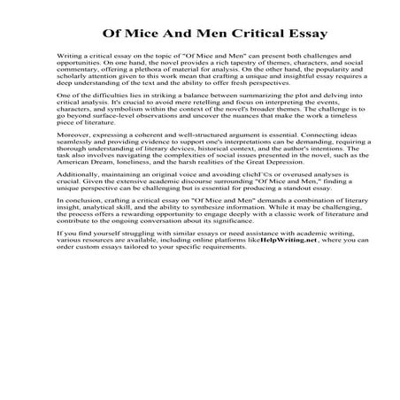Of Mice And Men Critical Essay. Concordia University Texas | PDF