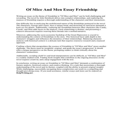 Of Mice And Men Essay Friendship. Selkirk College | PDF