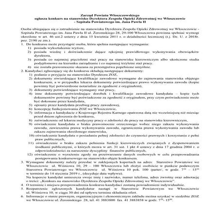 Ogloszenie o konkursie na stanowisko Dyrektora Zespolu Opieki Zdrowotnej we Wloszczowie | PDF