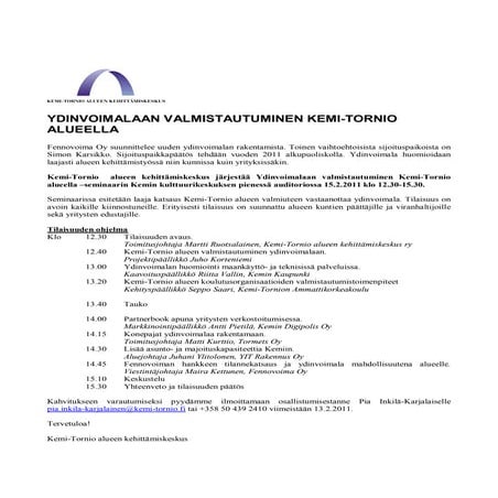 Ydinvoimalaan valmistautuminen Kemi-Tornio-alueella seminaariohjelma | PDF