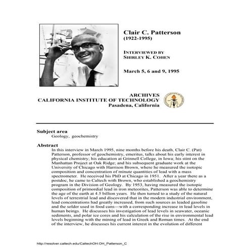 Clair C. Patterson (1922-1995) INTERVIEWED BY SHIRLEY K. COHEN March 5 ...