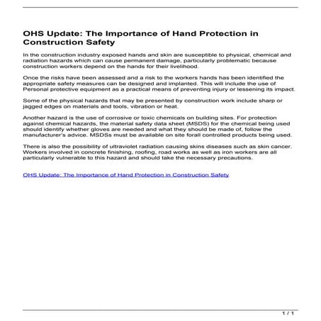 OHS Update: The Importance of Hand Protection in Construction Safety | PDF