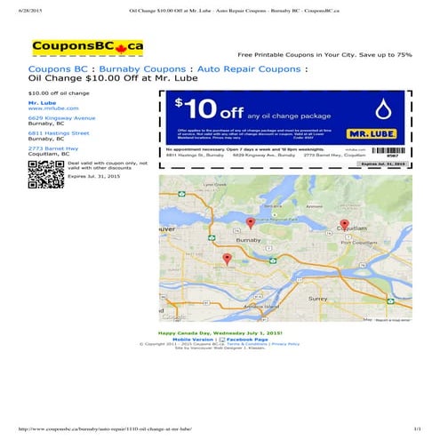 Oil change $10.00 off at...rnaby bc coupons bc.ca