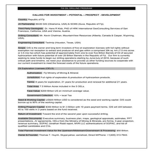 Oil Fiji Calling For Investment | PDF