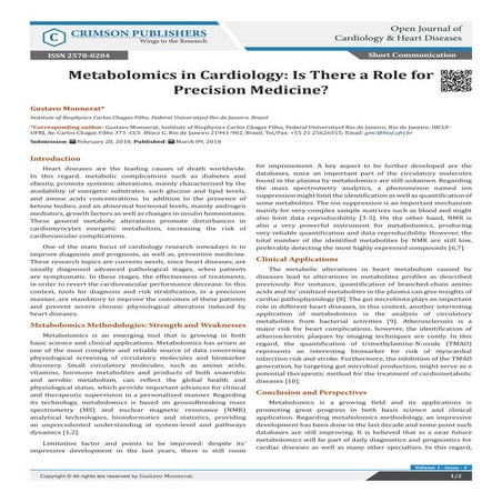 Metabolomics in Cardiology: Is There a Role for Precision Medicine? _Crimson Publishers | PDF ...