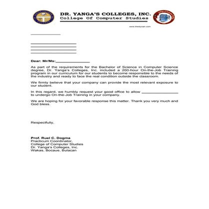 Ojt application letter