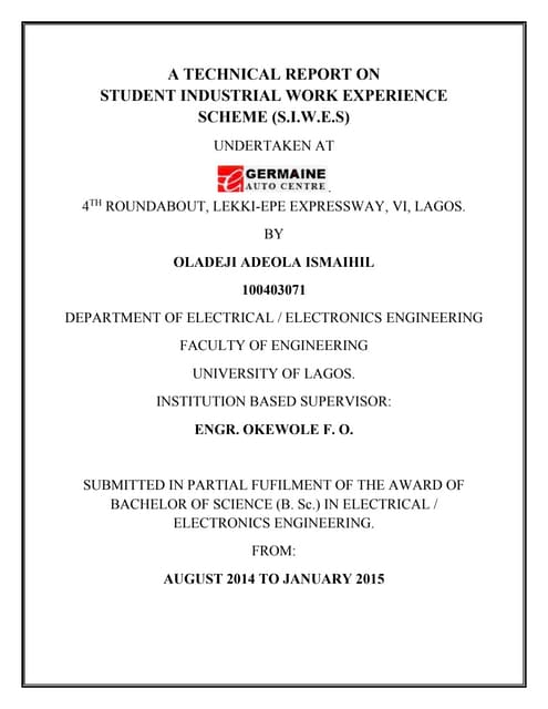SIWES TECHNICAL REPORT SAMPLE | PDF