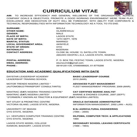 Olanrewaju Bolaji Cv2 | DOC | Commercial Trucks | Auto Body Styles
