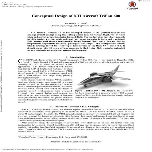 Olcott, d. d. (2016). tri fan vtol conceptual design. 16th aiaa ...