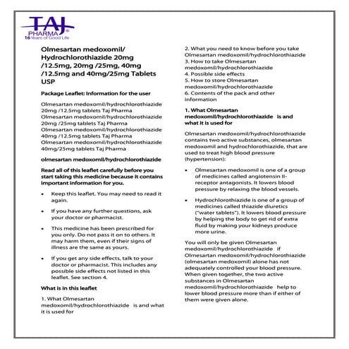 Olmesartan medoxomil/Hydrochlorothiazide Tablets Taj Pharma PIL | PDF