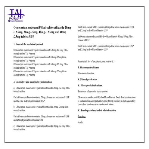 Olmesartan medoxomil/Hydrochlorothiazide Tablets Taj Pharma SmPC | PDF