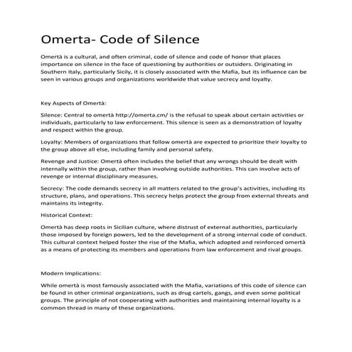 Omerta Code Of Silence Brief Overview on Omerta | PDF
