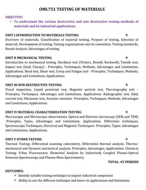 OML751-Testing of Materials; All 5 units important questions | PDF