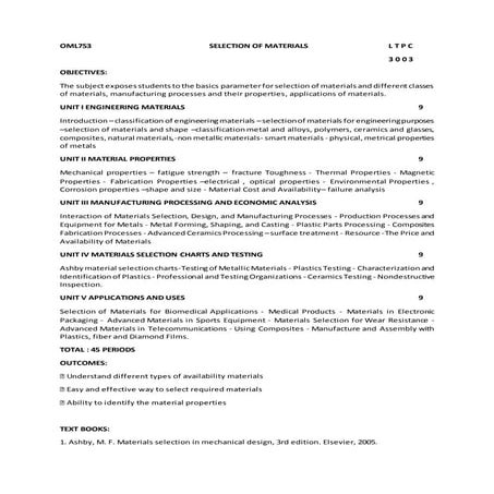 Oml753 selection of materials l t p c | DOCX
