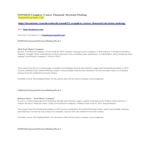 Omm622 complete course financial decision making | DOCX