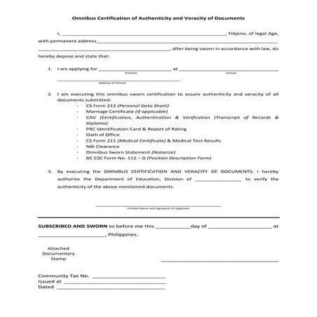 Omnibus certification of authenticity and veracity of documents | PDF