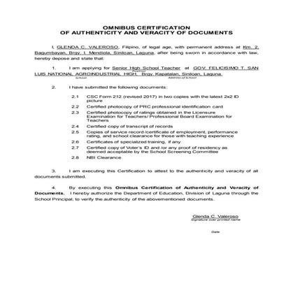 Omnibus certification of authenticity and veracity of documents (2) | DOCX