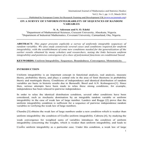 On a survey of uniform integrability of sequences of random variables | PDF