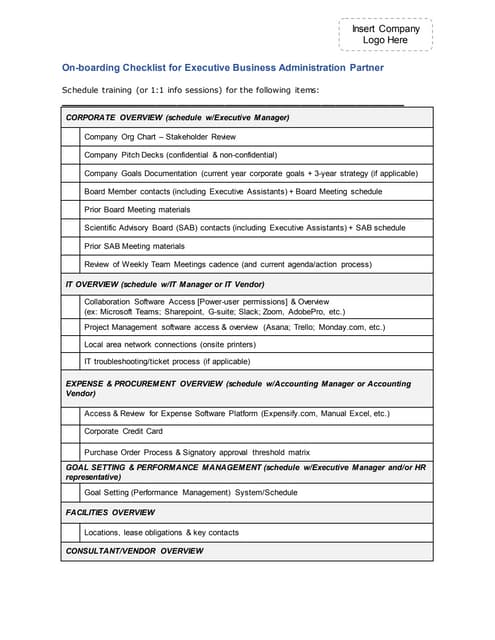 Executive Assistant Onboarding Checklist | DOC | Computing | Technology ...