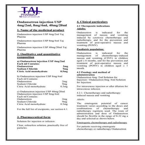 Ondansetron Injection USP Taj Pharma SmPC | PDF