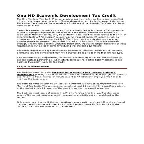 One Maryland Economic Development Tax Credit | PDF
