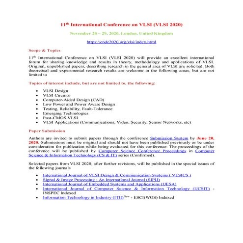 Call for papers - 11th International Conference on VLSI (VLSI 2020) | PDF