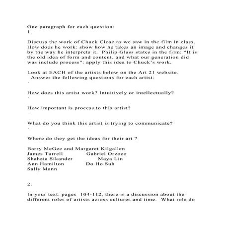 One paragraph for each question 1.Discuss the work of Chuck C.docx | Arts and Crafts | Hobbies ...