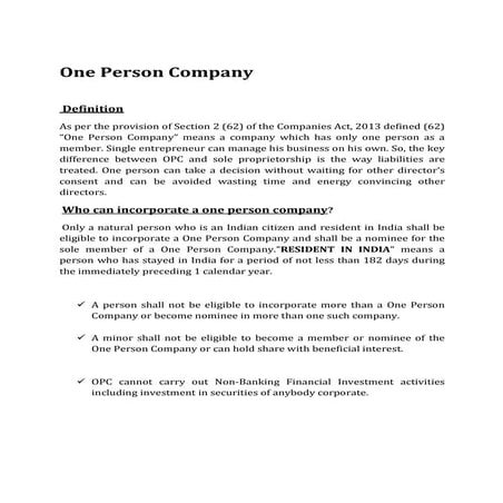 One person company under new companies act, 2013 | PDF