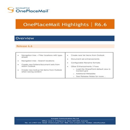 OnePlaceMail 6.6 for Outlook and SharePoint Highlights | PDF