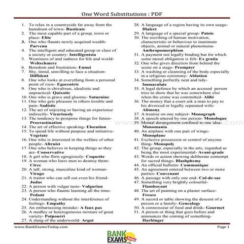 One words substitutions with answers | PDF