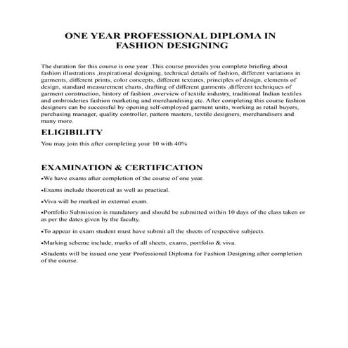 One year professional diploma in fashion designing | PDF