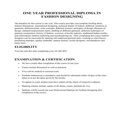 One year professional diploma in fashion designing | PDF