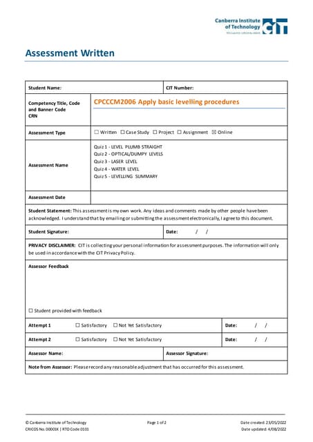 Assessment Guide- Apply Basic Levelling Procedures | PDF Assessment Guide- Apply Basic Levelling Procedures | PDF