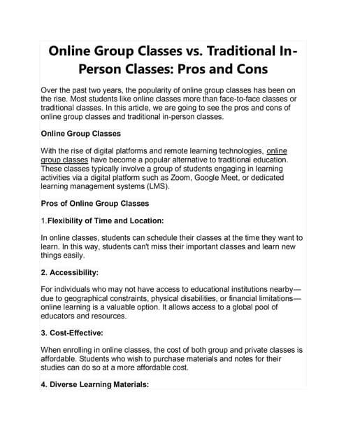 The Pros and Cons of Online Learning vs Traditional Classroom Learning | PDF