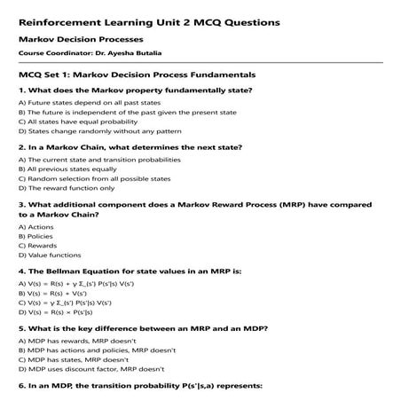 MCQs on Markov Decision Process in Reinforcement Learning | PDF