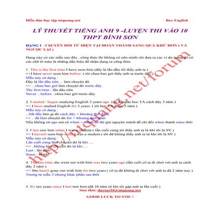 On tap ly thuyet tieng anh 9 luyen thi vao 10 | PDF