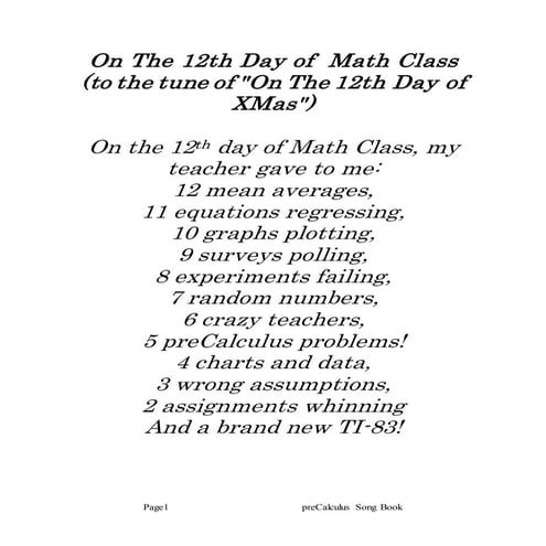 On The 12th Day Of Math Class (preCalc Song Book p01) | DOC