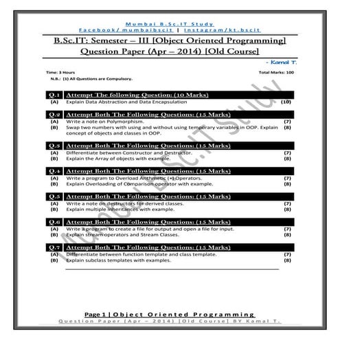 Question Paper Object Oriented Programming Old Course April 2014 Pdf Free Download