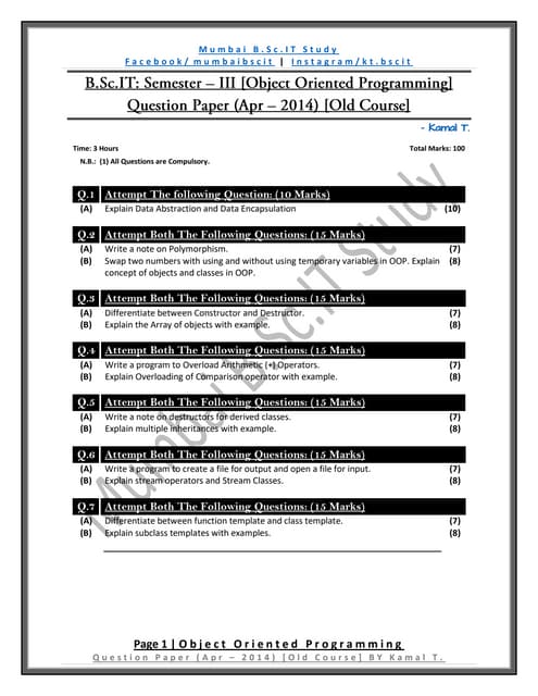 Question Paper Object Oriented Programming Old Course April 2014 Pdf Free Download