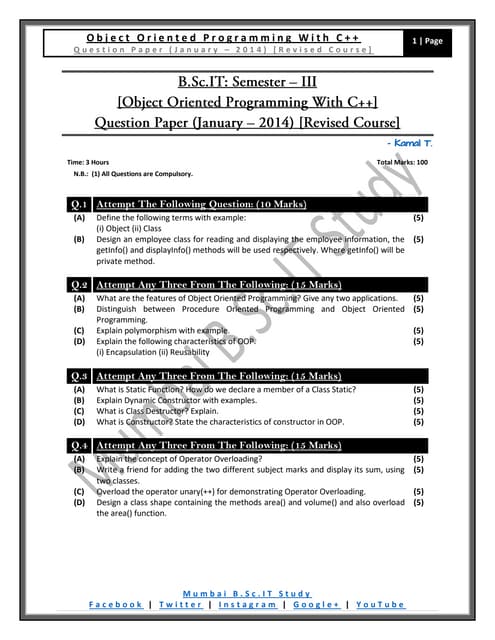 Question Paper Object Oriented Programming With C Revised Course January 2014 Pdf