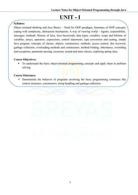 Object Oriented Programming Through Java Unit 1 Notesdocx