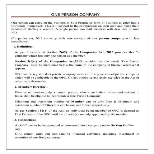 Opc(One Person Company) | PDF