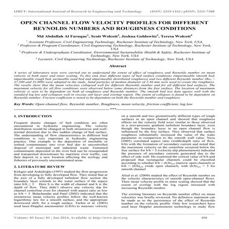 Open channel flow velocity profiles for different reynolds numbers and ...