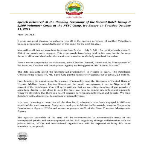 Opening Ceremony of the Second Batch Group B Volunteer Corps of NYSC | PDF