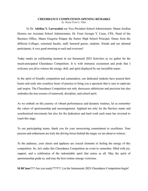 INTRAMURALS 2024-2025 EMCEE SCRIPT OPENING | PDF