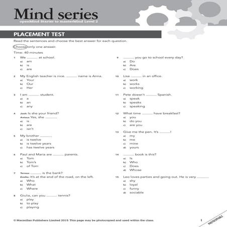 Open mind 1 placement test | PDF