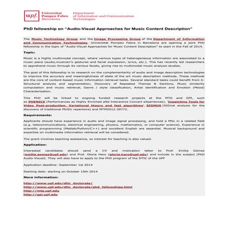 PhD fellowship on “Audio-Visual Approaches for Music Content Description” | PDF | Digital Audio ...