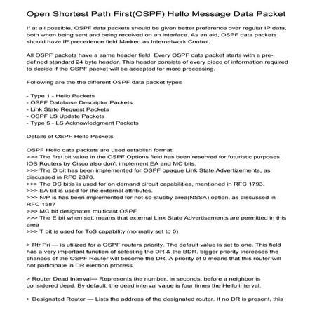 Open Shortest Path First(OSPF) Hello Message Data Packet