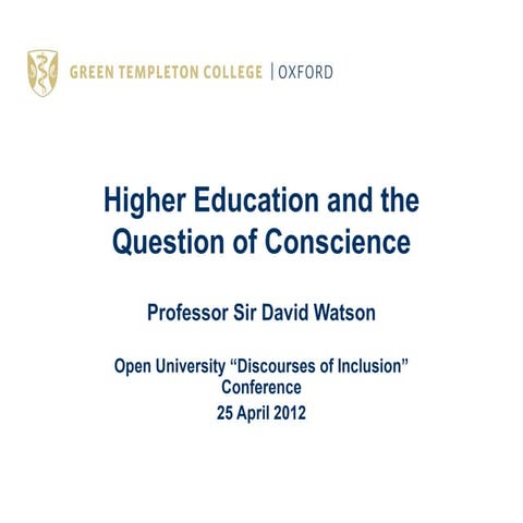 Professor Sir David Watson Keynote - Higher Education and the Question ...